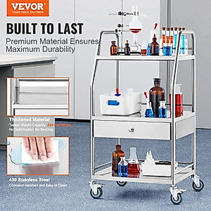VEVOR Utility Cart with 3 Shelves Shelf Stainless Steel with Wheels Rolling Cart Commercial Wheel Dental Lab Cart Utility Services (3 Shelves/ 1 Drawer)