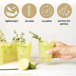 MATANA 50 Clear Hard Plastic Cups 10 oz Tumblers with Gold Glitter, Sturdy & Reusable - Birthdays, Weddings, Anniversary, Christmas, New Year's Eve Celebrations, BBQ, Picnic, Parties