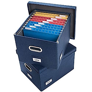 PRANDOM File Organizer Box - Set of 2 Collapsible Decorative Linen Filing Storage Hanging File Folders with Lids Office Cabinet Letter/Legal Size Navy Blue (17x14x11.2 inch)