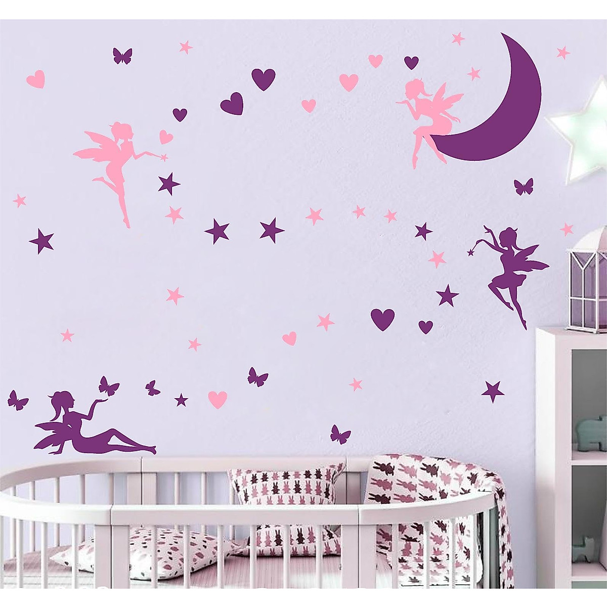 IKEYU Fairy Wall Sticker Girls Fairy Wall Decals Nursery Fairies Wall Stickers Butterfly Pink Purple Star Heart Wall Decals for Girls Bedroom Kids Room Decor