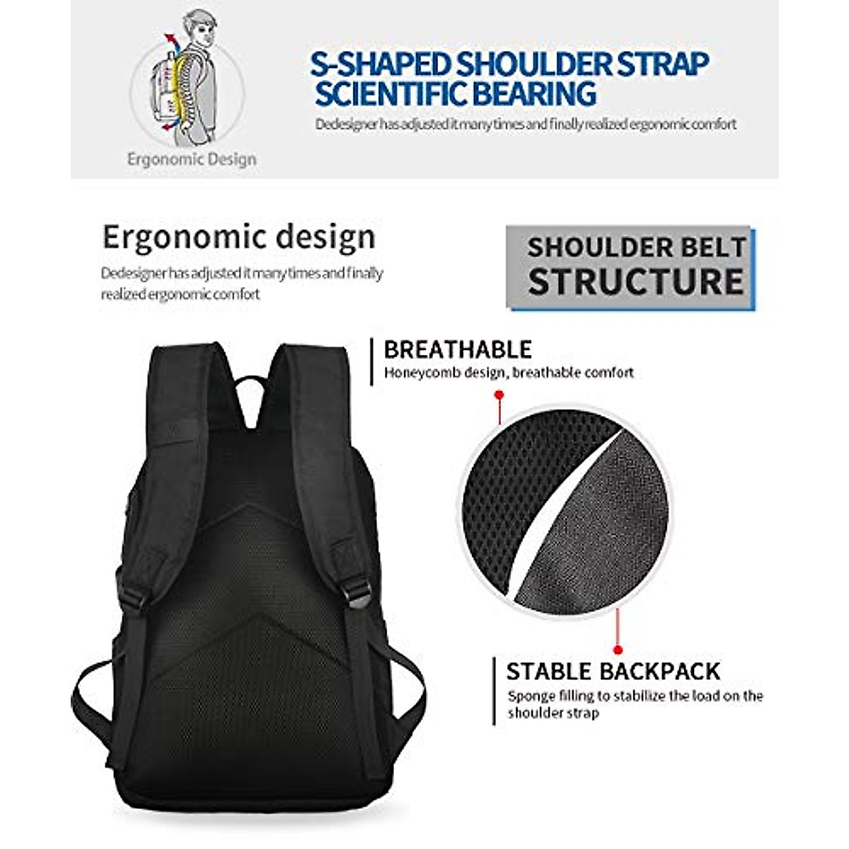 AISFA Laptop Backpack Travel Business Waterproof Backpack with USB Charging Port, Suitable for Travel, Camping, School, Business (Black)