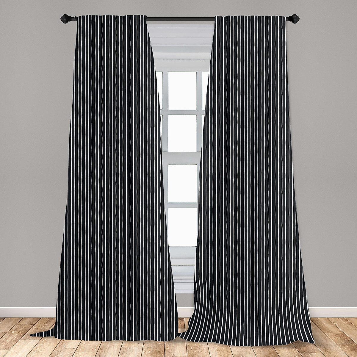 Ambesonne Pinstripe Window Curtains, Monochrome Black and White Design White Thin Uneven Lines on Dark Backdrop, Lightweight Decor 2-Panel Set with Rod Pocket, Pair of - 28" x 84", Black White