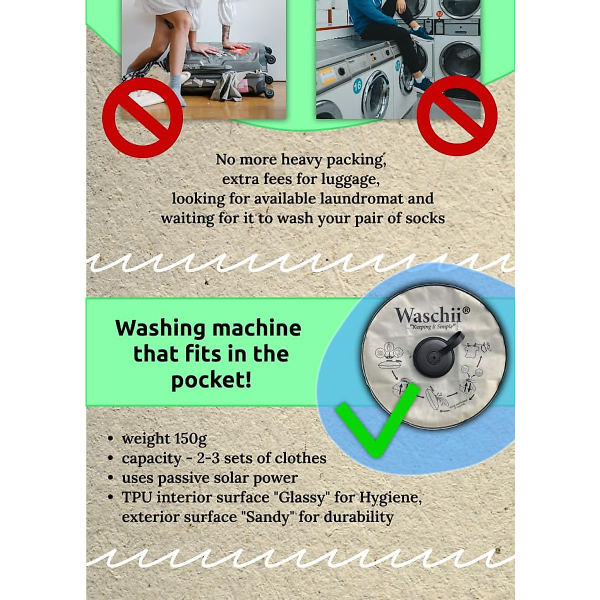 Waschii Portable Travel Laundry Bag - Solar Heated, Eco-Friendly, Compact and Durable Laundry Solution for Camping, Hiking, and Travel