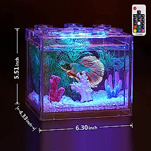 Small Betta Fish Tank, Aquarium Tank Kit with LED Lighting, 3/5 Gallon Stackable Beta Fish Tank Set, Fish Bowl Accessories for Turtle Reptile Shrimp Moss Crab Insects Habitat as Decoration