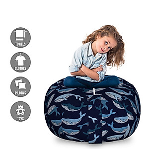 Lunarable Whales Storage Toy Bag Chair, Doodle Pattern with Ocean Mammals Nature Theme on Dark Background, Stuffed Animal Organizer Washable Bag, Large Size, Pale Blue