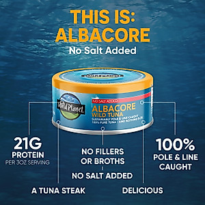 Wild Planet Wild Albacore Tuna, No Salt Added, Canned Tuna, Sustainably Wild-Caught, Non-GMO, Kosher 5 Ounce (Pack of 12), Packaging May Vary