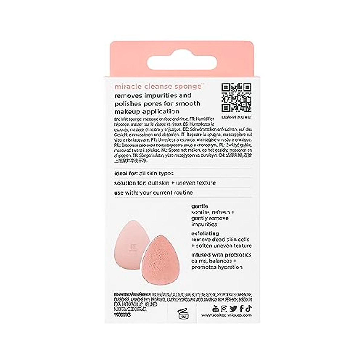 Real Techniques Miracle Cleansing Sponge, Skincare Facial Cleansing Tool with Probiotics, Exfoliate & Deep Cleans Pores, Dual Sided, Gentle on Skin, Cruelty Free, 1 Count