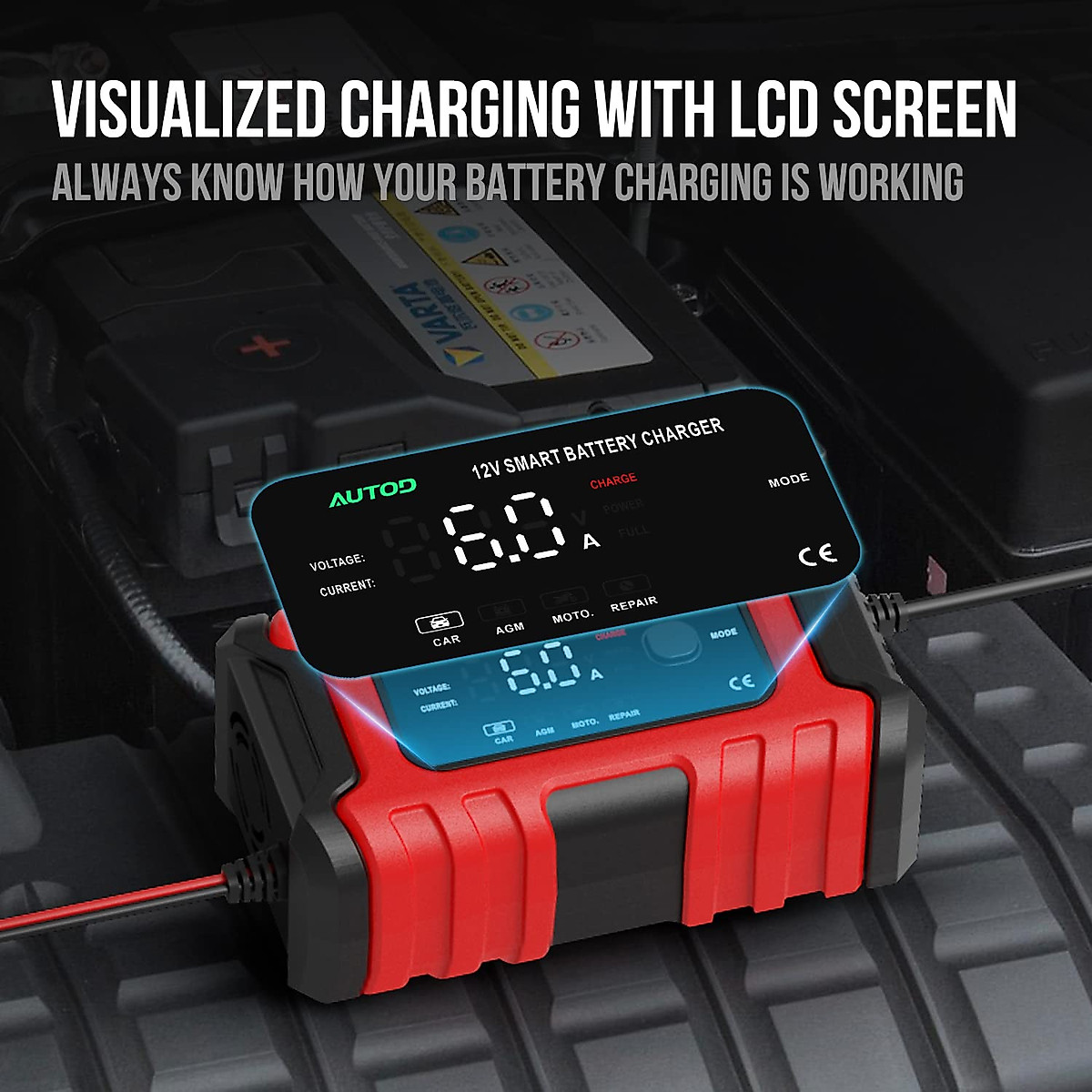 6-Amp Car Battery Charger, 12V Smart Automatic Battery Charger Maintainer Trickle Charger with Temperature Compensation for Car Truck Motorcycle Lawn Mower Boat Marine Lead Acid Batteries