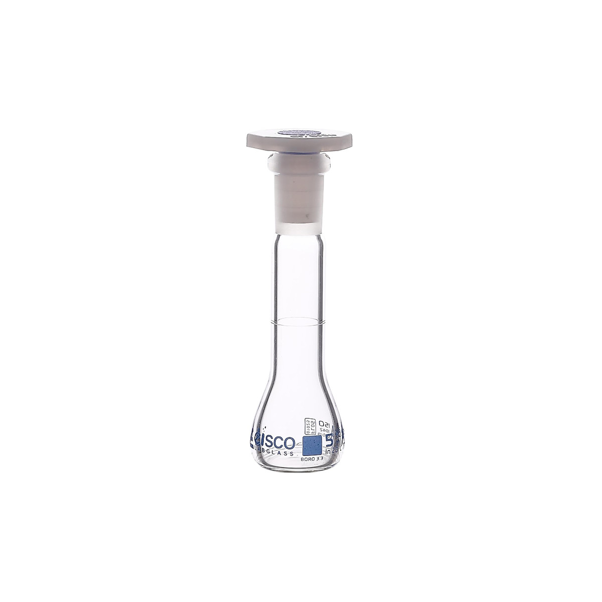 EISCO Volumetric Flask, 5ml - Class A - 10/19 Polyethylene Stopper, Borosilicate Glass - Blue Graduation, Tolerance ±0.025