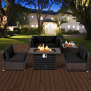 Tangkula 6-Piece Patio Furniture Set with 42 Inches Propane Fire Pit Table, Outdoor Wicker Conversation Set with Cushions and Tempered Glass Coffee Table, 50,000 BTU Gas Fire Pit Table (Black)