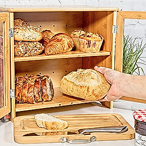 LuvURkitchen Large Bread Box for Kitchen countertop, Cutting Board, and Stainless Steel Bread Knife. Fully Adjustable shelf; bread storage container, wooden bread box, bread container, bread box large