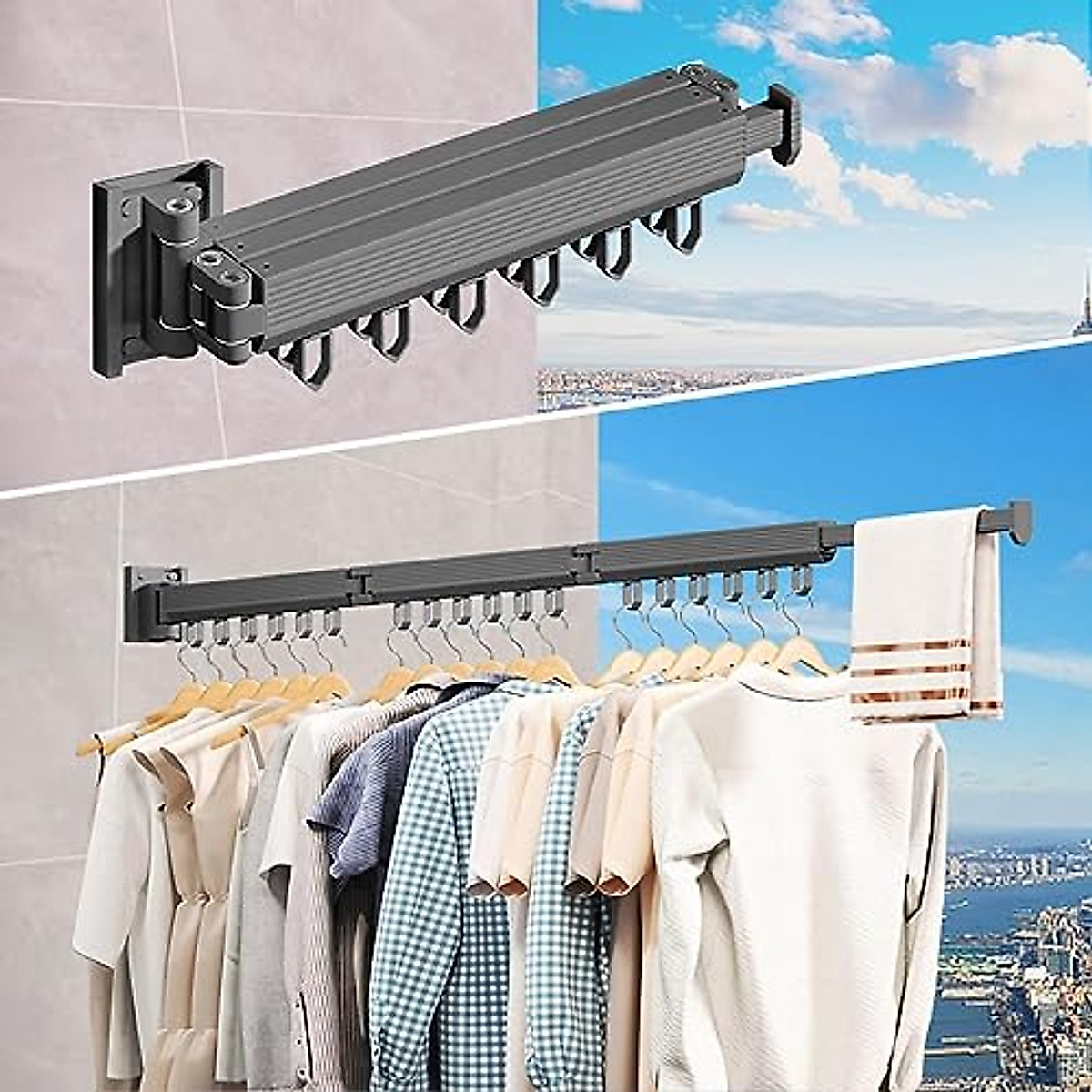 Lora Dew Clothes Rack,Drying Rack Clothing Wall Mounted,Collapsible Drying Racks for Laundry,Hanging Racks for Clothes,Retractable Laundry Hanger Rack Indoor,Grey