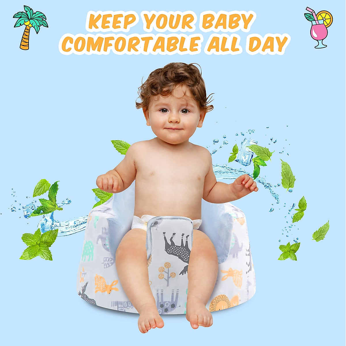 SMTTW Seat Cover Compatible with Bumbo Seat, Summer Cooling Breathable Seat Cover for Baby Boy Girl(Grey Animals)