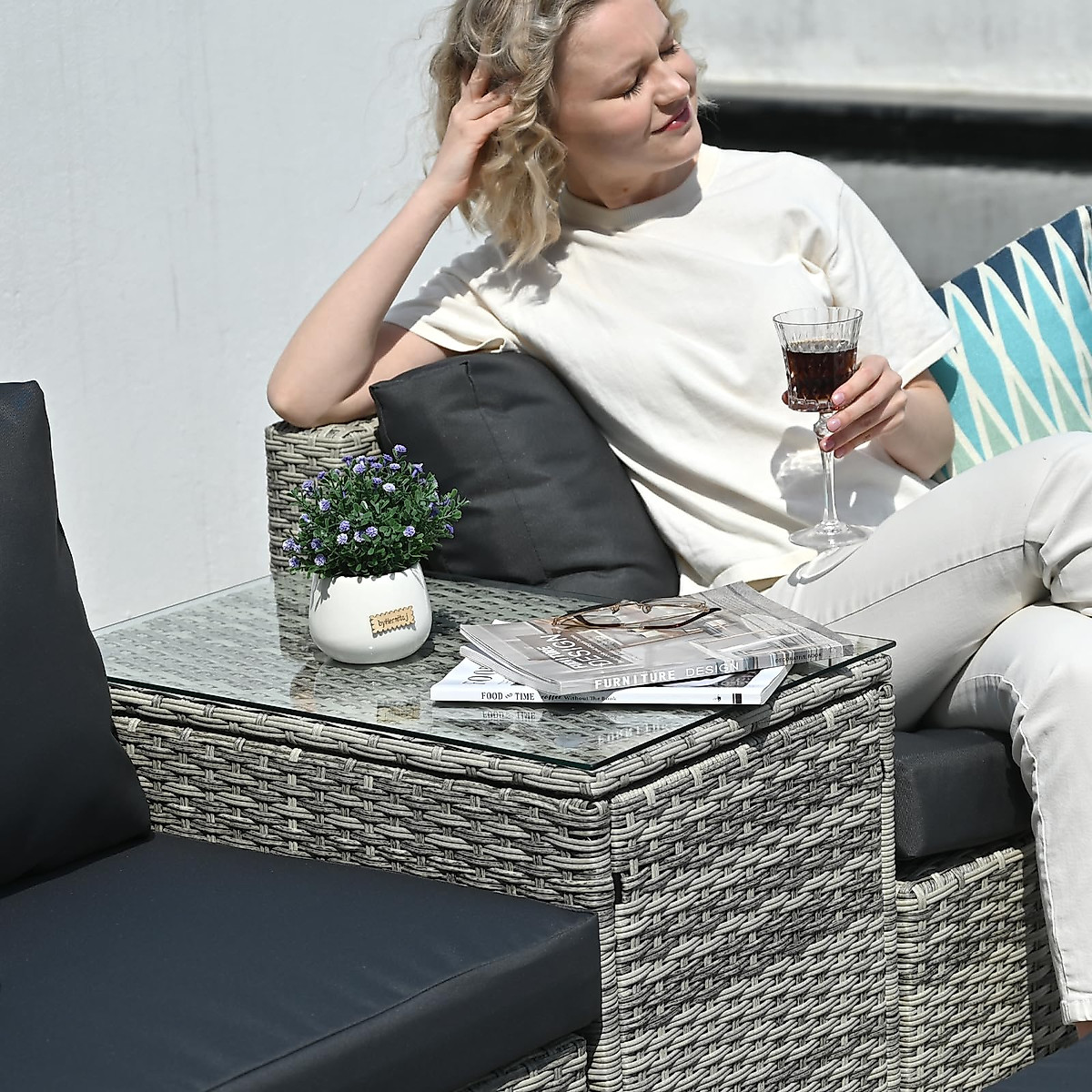 CHINNLUU Patio Furniture Set 5 Pieces Outdoor Conversation Set All-Weather Wicker Rattan Sectional Sofa with Ottoman Cushions Pillows for Lawn Pool Garden Backyard