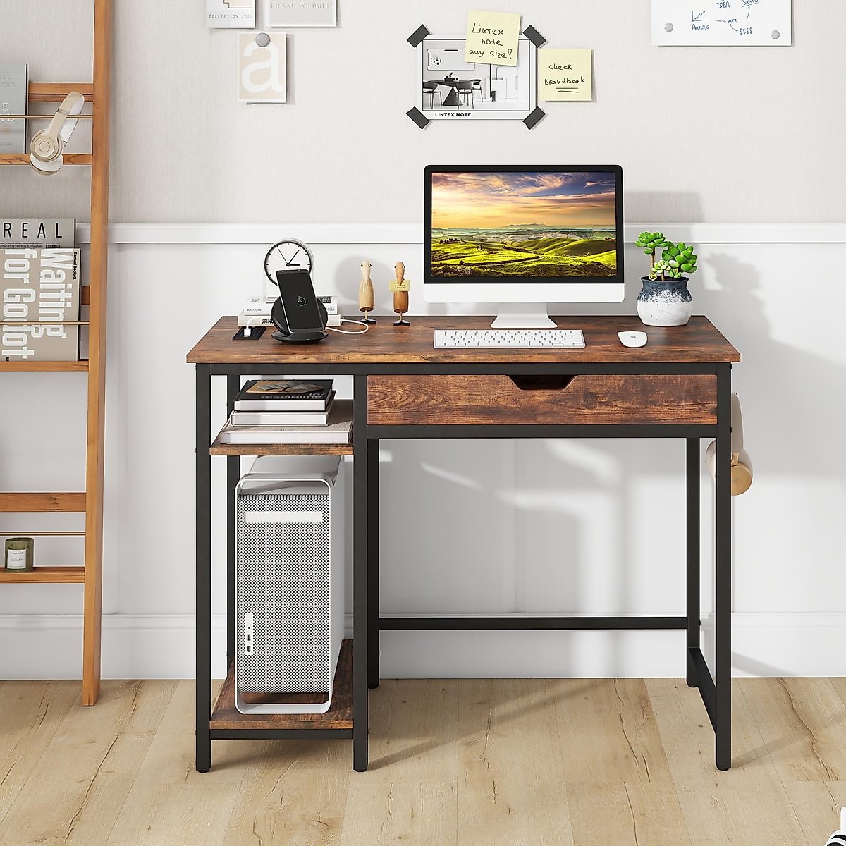 Tangkula Computer Desk with Charging Station, 40” Industrial Home Office Desk with Drawer & Adjustable Shelf, Compact Computer Workstation with CPU Stand & Headphone Hooks, Study Writing Desk