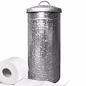Autumn Alley Farmhouse Galvanized Metal Free Standing Toilet Paper Holder Organizer Stand Canister with Lid – Fits 3 Mega Rolls, Rustic Behind/Beside Toilet Storage Stand
