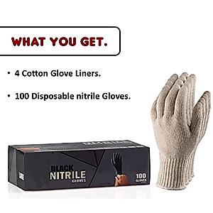 Nechtik BBQ Gloves disposable - 4 Cotton Glove Liners and 100 Disposable Gloves - Meat Gloves - Machine Washable - Powder Free Latex Free, Black Nitrile Gloves