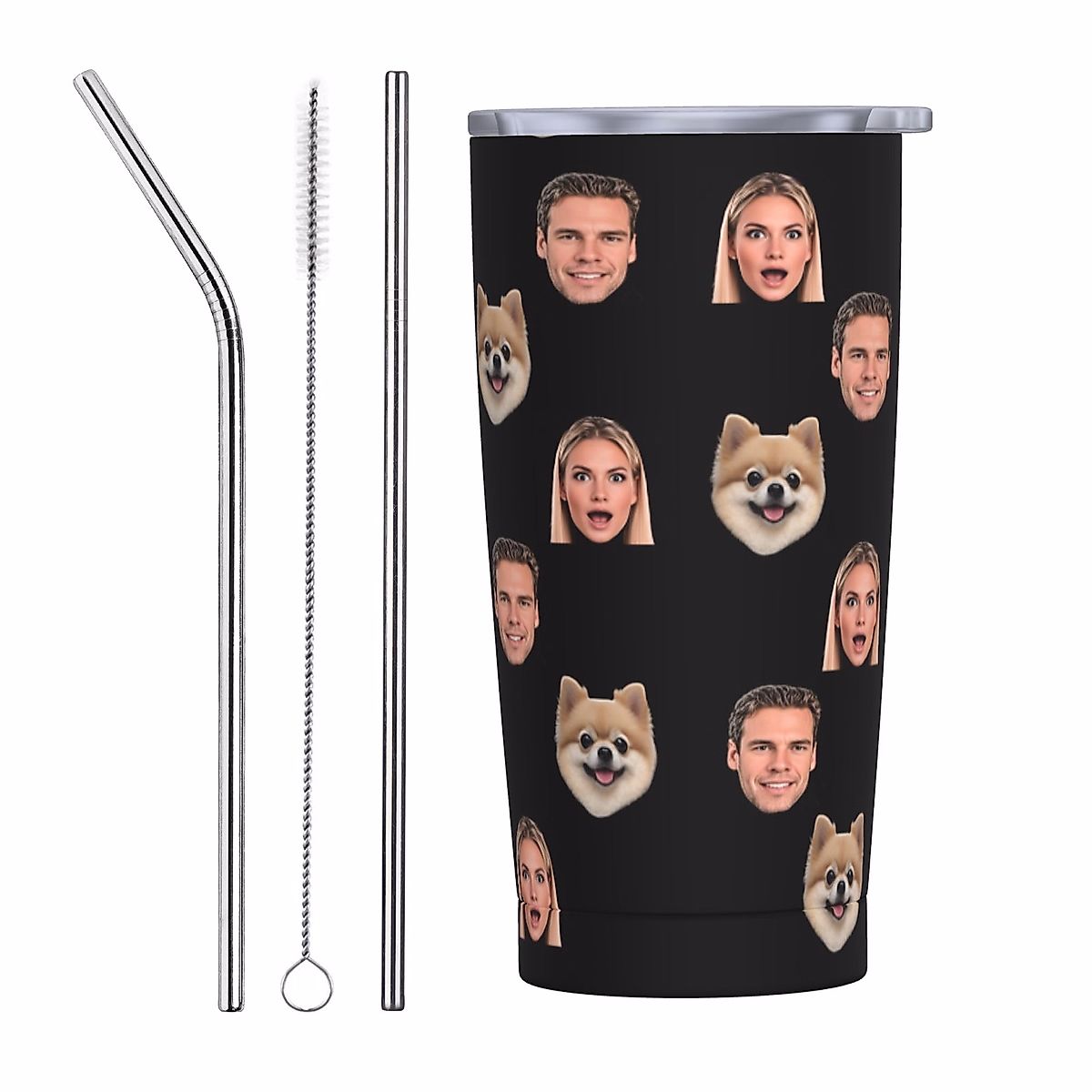 Personalized 20 Oz Tumbler With Lid and Straw, Custom Stainless Steel Insulated Travel Coffee Cup With Name Picture, Customized Water Bottle Mug for Men Women, Face