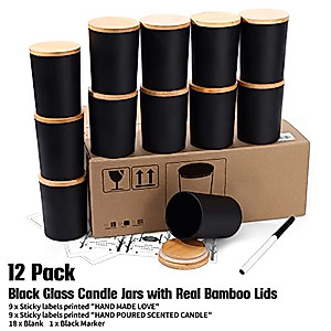 Aminigram 12 Pack, 10 oz Black Candle Jars with Bamboo Lids and Sticky Labels, Empty Glass Candle Jars for Making Candles, Morden Kitchen Bathroom Small Object Container - Dishwash Safe