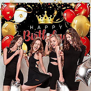 Happy Birthday Backdrop Birthday Banner Birthday Party Decorations Photo Booth Background Supplies Printed with Crown & Balloons 6 x 4ft (Black and Red)