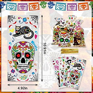 Hying 100PCS Day of the Dead Cellophane Bags for Candy Cookie, Dia de Los Muertos Sugar Skull Candy Bags with Twist-Ties Calavera Skull Treat Goody Bags for Mexican Halloween Party Favors Supplies