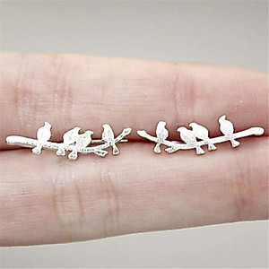 Bird Ear Cuff Wrap Crawler Climber Earrings for Women S925 Sterling Silver Brushed Little Birds Stand on Tree Branch Stud Clip on Post Pin Earrings Delicate Lightweight Jewelry (Silver)