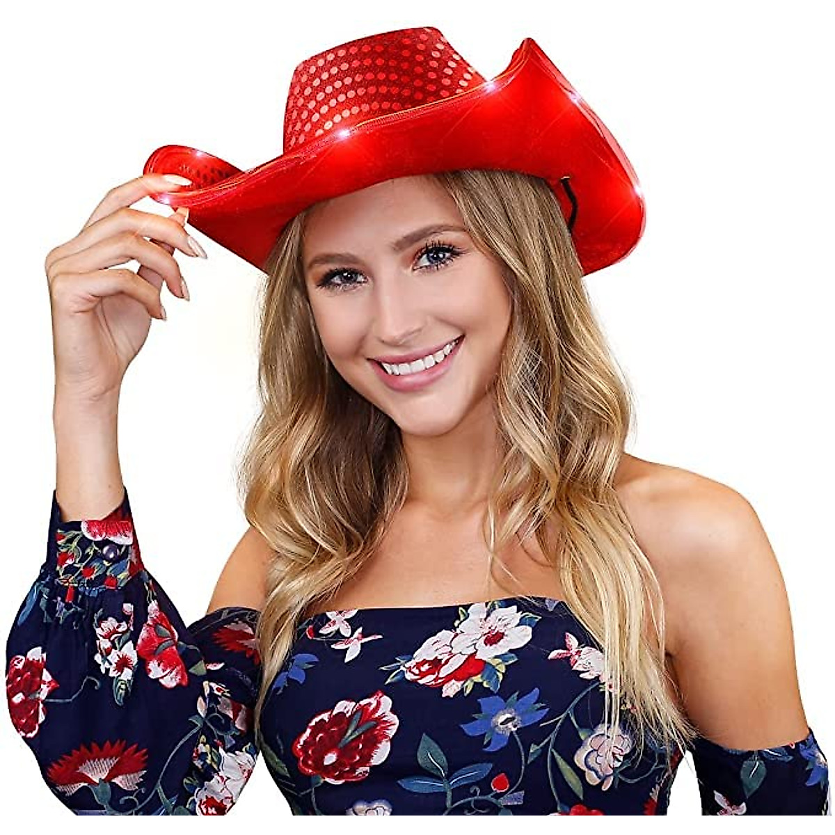 blinkee Sparkling LED Cowboy Hat with Red Sequins - Perfect for Rodeos and Festivals - 8 Radiant Red Lights