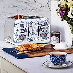 VQ Laura Ashley China Rose Stainless Steel 4 Slice Toaster | Bagels & Bread Toasters 4 Slices Wide Slot with Adjustable Heating & Defrost Mode | Grille Pain 4 tranches with Croissant Warming Rack