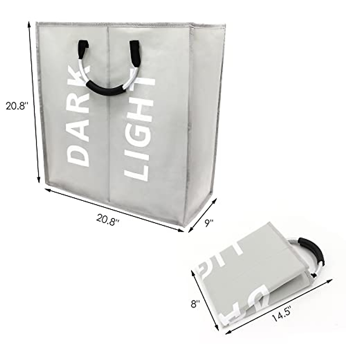 Hampers for Laundry 2 Compartment, Narrow Laundry Basket with Handle, Hampers for Clothes,Baby Laundry Separator Hamper,Foldable Hamper with Divider Hamper for Dorm Room, Grey