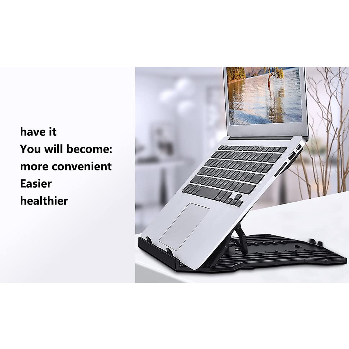 kindream Laptop Stand: 10-18" laptops Such as MacBook Air, Pro, HP, DELL, etc., 360°Rotation Adjustable, Hollow Out for Cooling, Foldable and Portable, with Mobile Phone Stand, Office, Black