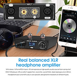 Douk Audio H2 Vacuum Tube Balanced Headphone Amplifier Amp with XLR, RCA, 6.35mm Ports and LED Display for Desktop Home Audio