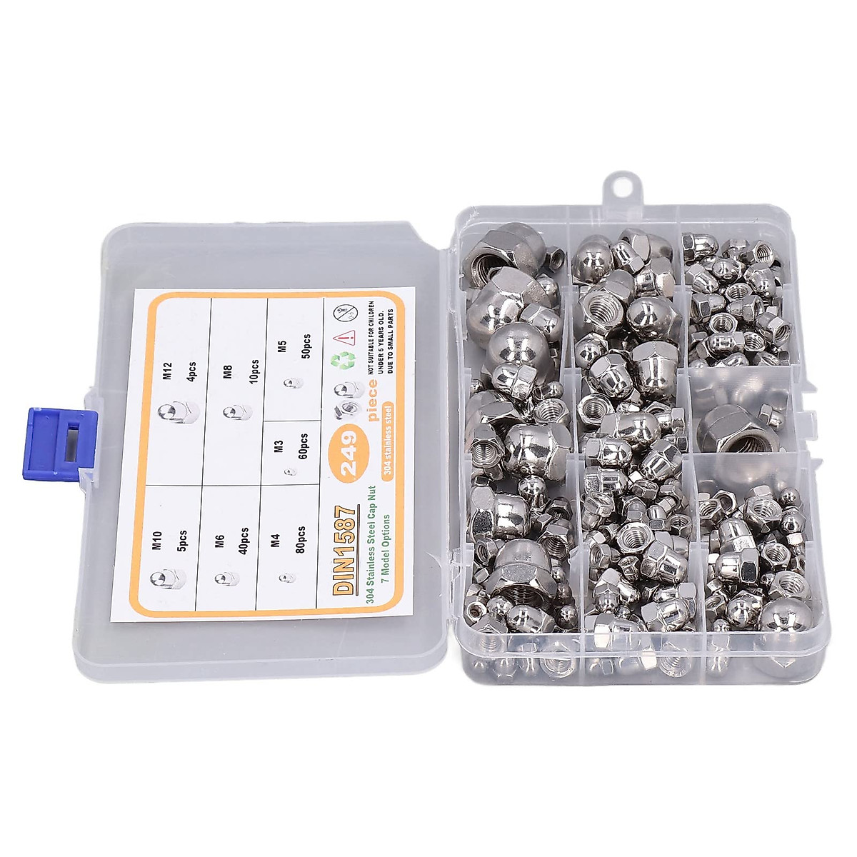249Pcs Acorn Hex Cap Nuts Assortment Kit,M3‑M12 DIN1587 304 Stainless Steel Bright Finish
