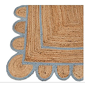 Rangneel Handloom Scalloped Sky Blue Border Jute Rugs, Scallop Boho Decor Handmade Rectangle Jute Rug (2x3 Feet)