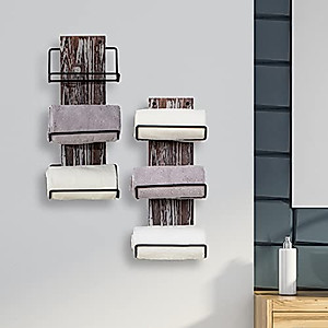 MyGift Wall Mounted 3 Tiered Matte Black Metal Wire Towel Holder for Rolled Towels with Torched Wood Mount Backing, Decorative Hand and Bath Towel Storage Rack, Set of 2