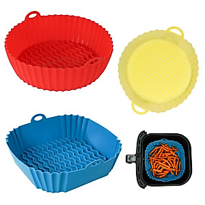 3 Pack Air Fryer Silicone Liners Pot, Round & Square Food Grade Air Fryer Accessories, 8 Inch Reusable Baking Tray Oven Accessories, Air Fryer Silicone Basket Bowl, No Need to Clean Fryer(For 5 to 6Q)