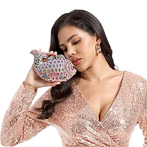 Boutique De FGG Super Mini Women Fish Evening Bags Crystal Clutch Purse Wedding Party Rhinestone Handbags (Pink&Green)