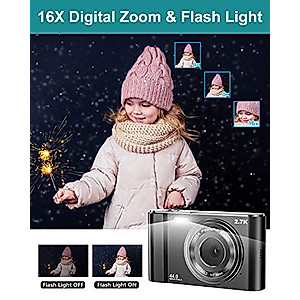 Digital Camera 2.7K Ultra HD Mini Camera 44MP 2.8 Inch LCD Screen Rechargeable Students Compact Camera Pocket Camera with 16X Digital Zoom YouTube Vlogging Camera for Kids,Adult,Beginners(Black)