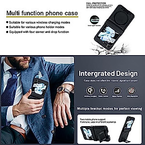 teroxa for Samsung Galaxy Z Flip 5 Case, Hidden Kickstand, Magnetic Ring Compatible with MagSafe Wireless Charger, Cover Luxury Leather Back (Black) (Black)