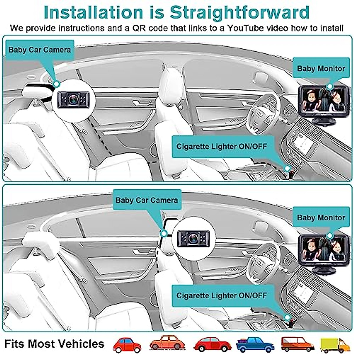 Rohent Baby Car Camera HD 1080P - 360° Rotating Crystal Night Vision Car Baby Monitor with Camera Rear Facing Infant Carseat Camera Backseat 3 Mins Easy Installation N06