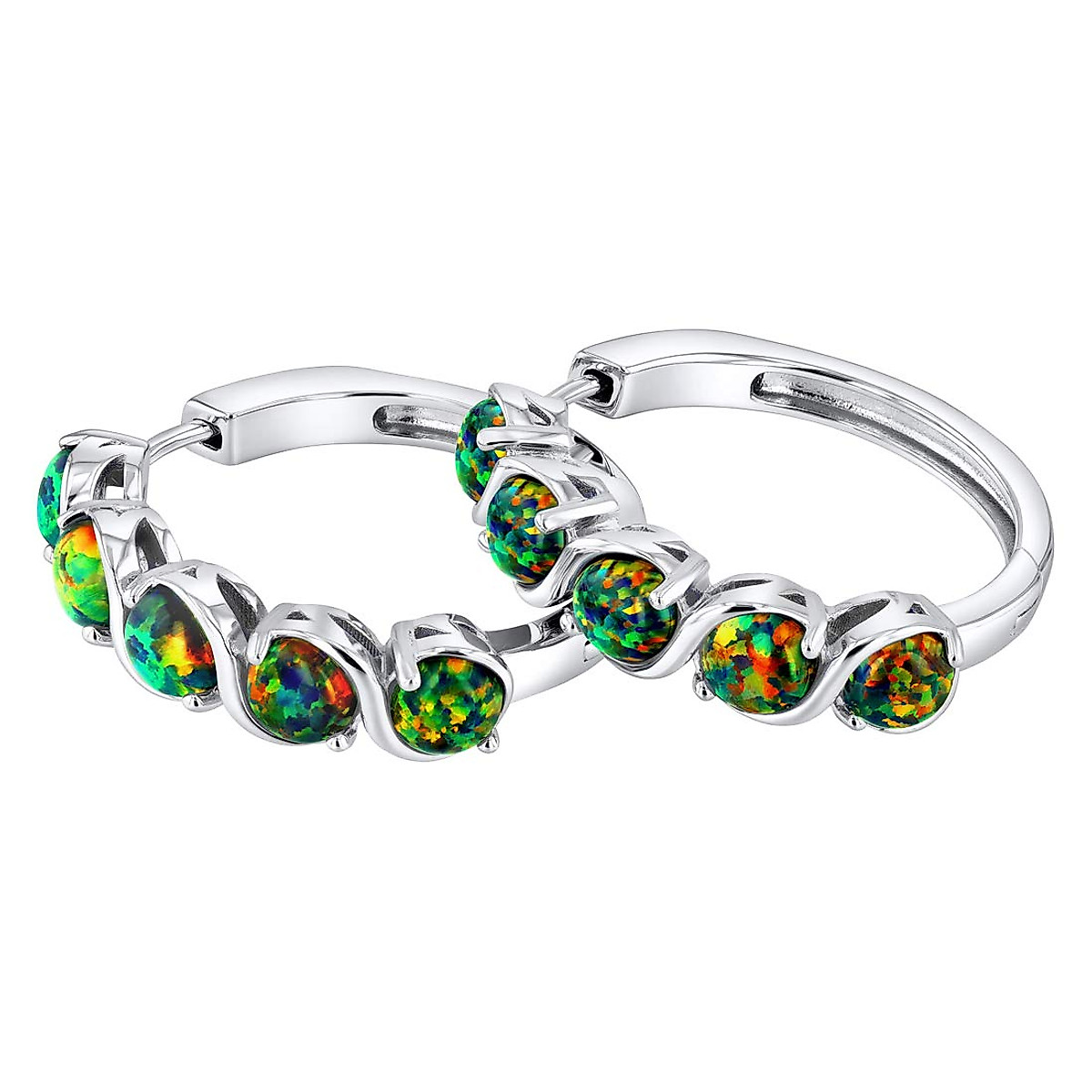 Peora Created Black Fire Opal Hoop Earrings in Sterling Silver, 2.50 Carats total Round Shape, Hypoallergenic, 1 inch Diameter, Patented Click Lock