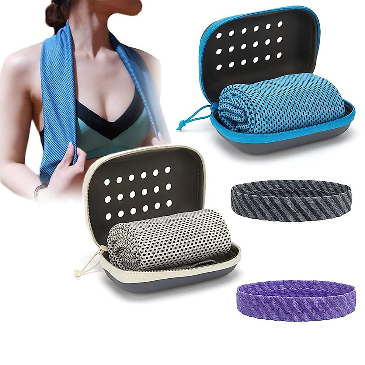 2 Pack Cooling Towel Cold Towel Ice Towel Microfiber Cool Towel with 2 Pcs Headband for Sports, Yoga, Golf, Gym, Running, Fitness，Camping, Workout Women Men Teens Neck Face Clearance Accessories