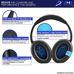 AHG Replacement QC15 Ear Pads & QC15 Headband Pad Compatible with Bose QuietComfort 15 (QC15) & QuietComfort 2 (QC2) Headphones - Soft, Great Comfort + Durability, Protein Leather (Black)