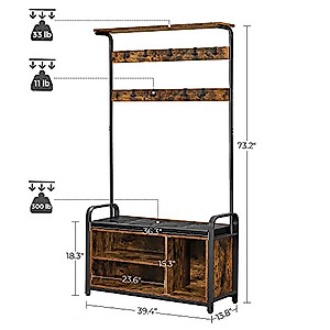 VASAGLE Hall Tree with Storage Bench, Entryway Storage with 9 Hooks, Coat Rack with Soft Bench, Shoe Rack, Steel Frame, Rustic Brown and Black UHSR099B01