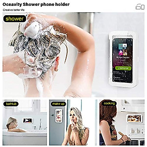 Oceavity Shower Phone Holder Waterproof 360° Rotation, Mirror/Wall Mount Phone Holder for Shower Bathroom Bathtub Kitchen, Universal Shower Accessories (White)