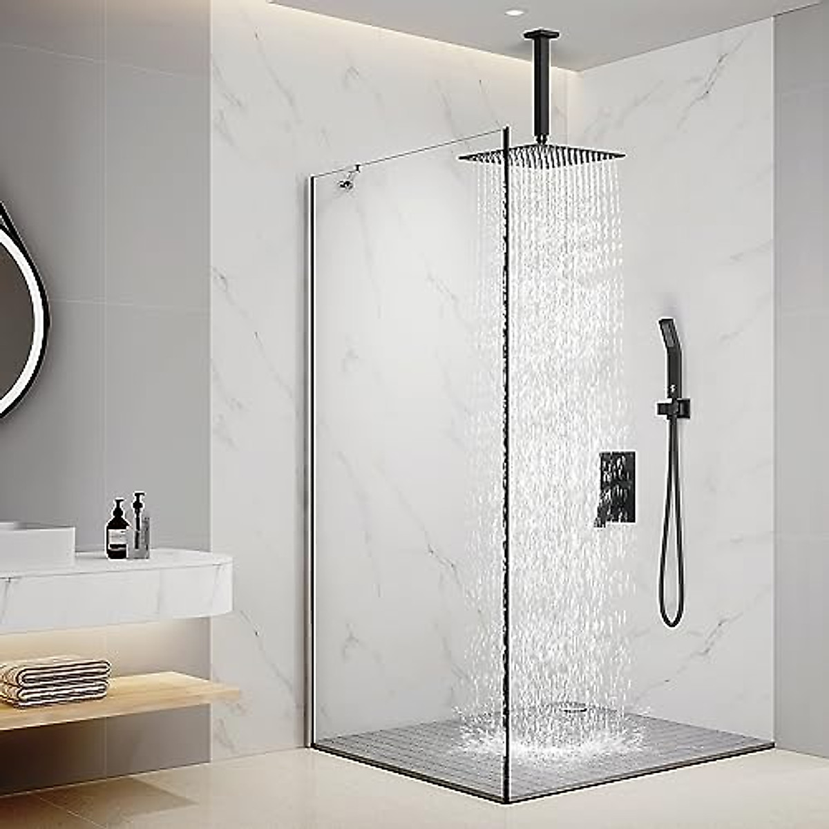 SR SUN RISE 12 Inch Ceiling Mount Matte Black Shower System Bathroom Luxury Rain Mixer Shower Combo Set Ceiling Rainfall Shower Head System Faucet Trim Repair Kits Rough-in Valve and Trim Included