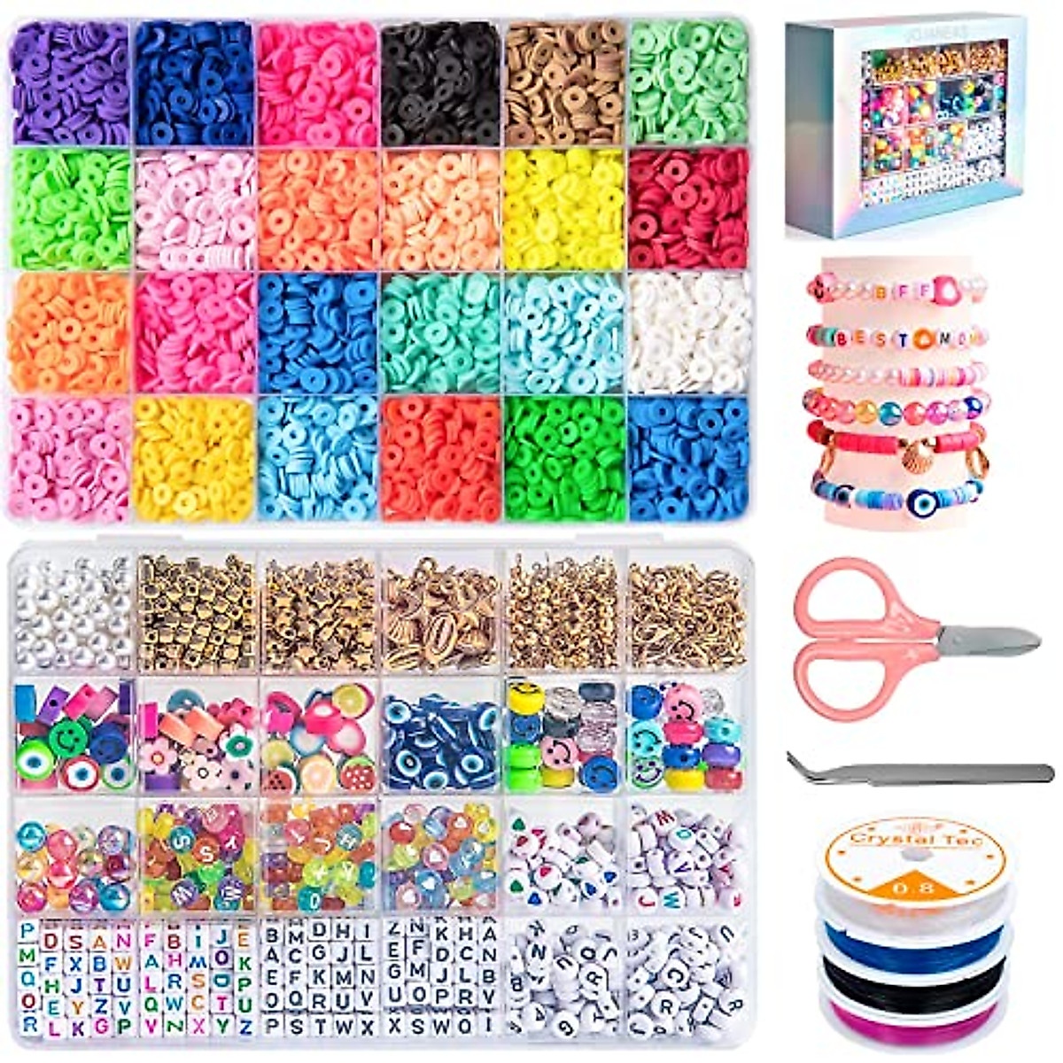 JOJANEAS Clay Heishi Beads Kit - 6800 Pcs DIY Flat Clay Beads for Bracelets Jewelry Making with String - Polymer Clay Beads with Letter Beads Fruit Flower Beads - Crafts for Girls Gift