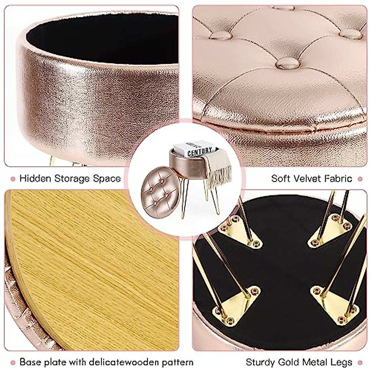 YAMILAN Velvet Round Storage Ottoman, Modern Foot Stool Vanity Stool with Metal Legs & Tray Top Coffee Table, Ottoman with Storage for Living Room Bedroom (PU Leather Light Gold)