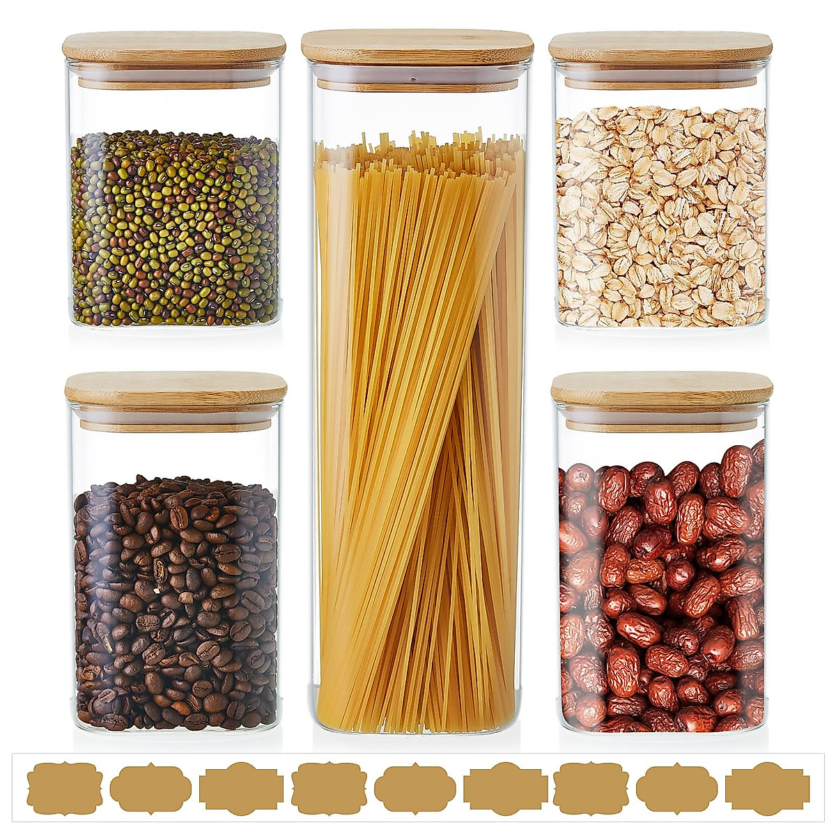 Unbreakable Overnight Oats Containers with Lids, Set of 5 Airtight Glass Jars with Bamboo Lids, Glass Food Storage Canisters for Cookie, Candy, Coffee Bean, Sugar, Spices, Dry Goods, Transparent