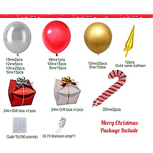 Bonropin Christmas Balloon Garland Arch Kit with Xmas Red and Gold Silver Balloons Candy Cane Balloons Gift Box Balloons Starburst Balloons for New Year Winter Christmas Party Decorations