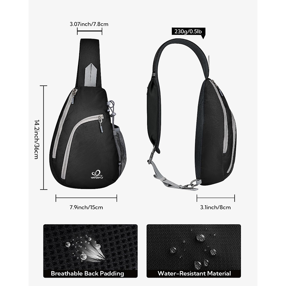 WATERFLY Crossbody Sling Bag Small Water Resistant Backpack Lightweight Shoulder Chest Daypack for Men Women Hiking Travel